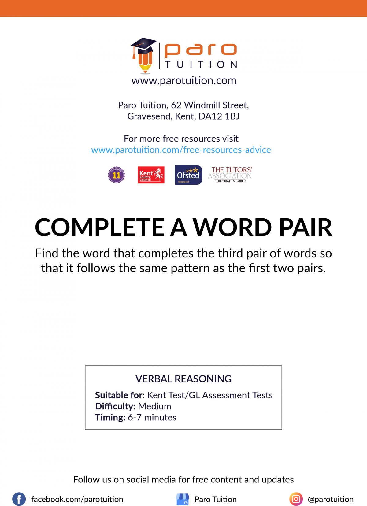Free Kent 11+ Verbal Reasoning Worksheets - Paro Tuition